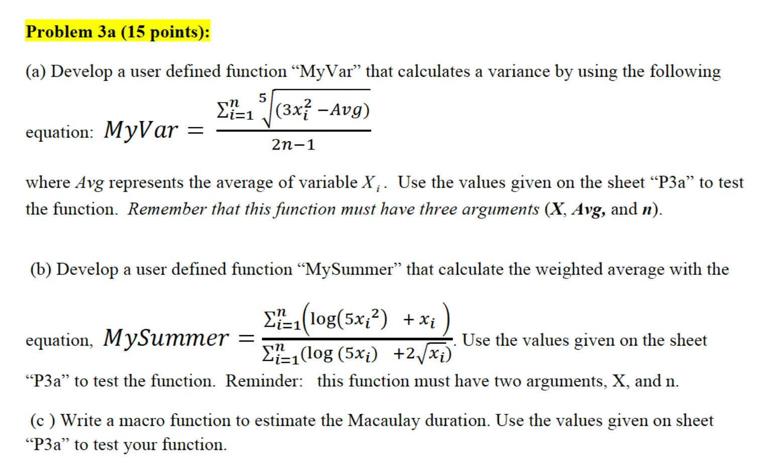 Solved write me a macro in excel for varianceProblem 3a (15 | Chegg.com