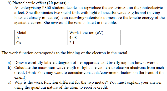 Solved 9) Photoelectric effect ( 20 points) : An | Chegg.com