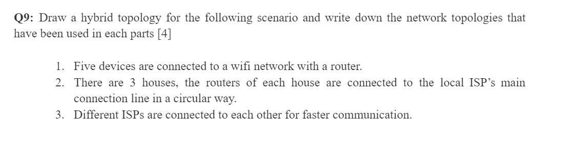 [Solved]: Q9: Draw a hybrid topology for the following sce