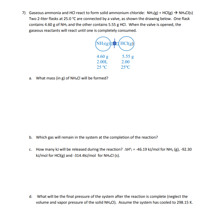 Solved Gaseous ammonia and HCl react to form solid ammonium | Chegg.com