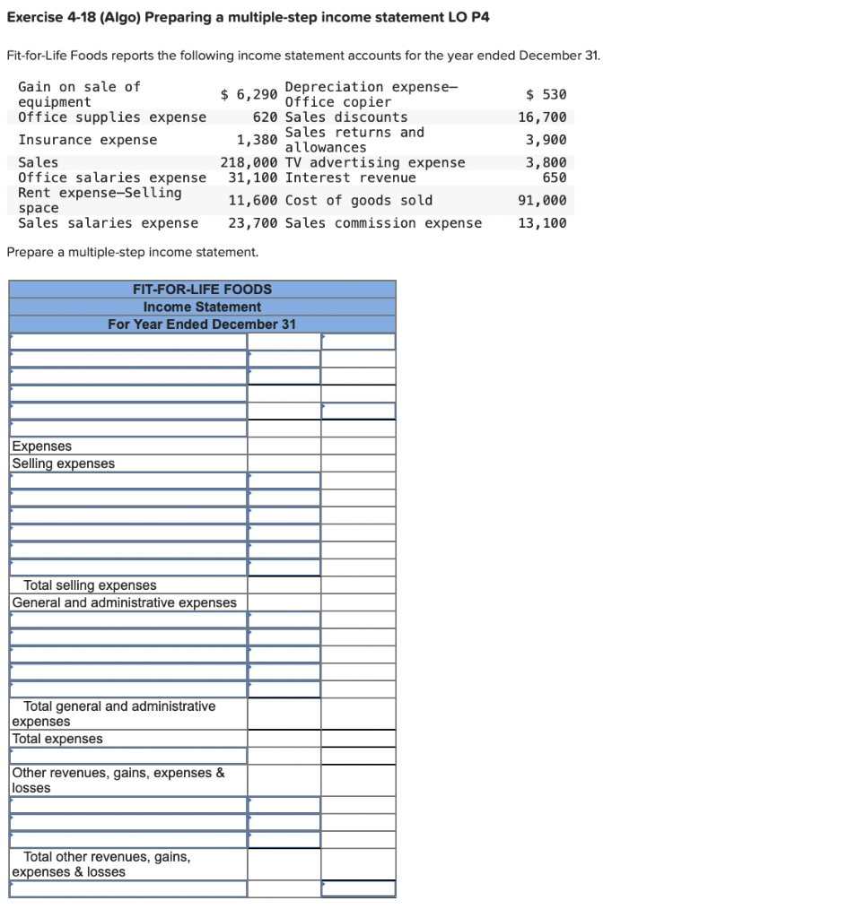 Solved Exercise 4-18 (Algo) Preparing a multiple-step income | Chegg.com Solved Exercise 4-18 (Algo) Preparing a multiple-step income | Chegg.com