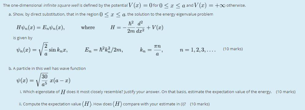 Solved The one-dimensional infinite square well is defined | Chegg.com