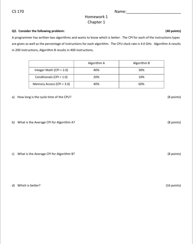 Solved Cs 170 Name Homework 1 Chapter 1 Q2 Consider The