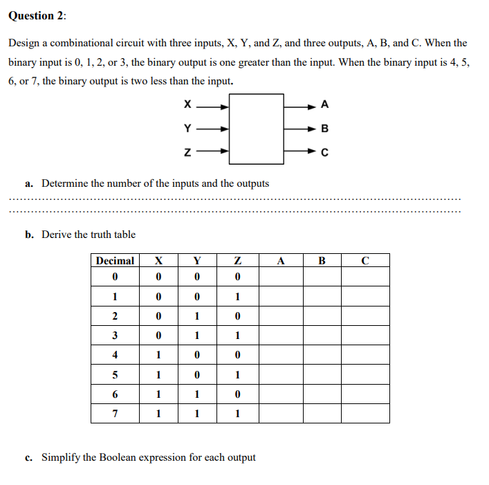 Solved Question 2: Design a combinational circuit with three | Chegg.com