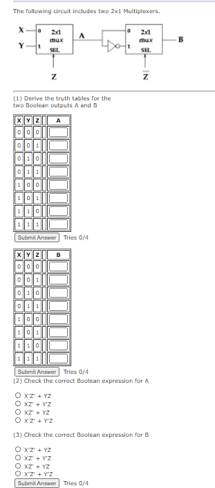 Solved The following circuit includes two 2x1 Multiplexers. | Chegg.com