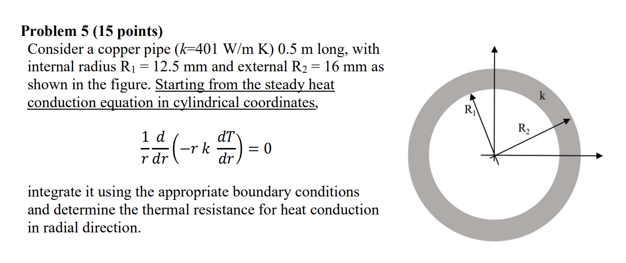 Solved Problem 5 (15 points) Consider a copper pipe (k=401 | Chegg.com Solved Problem 5 (15 points) Consider a copper pipe (k=401 | Chegg.com