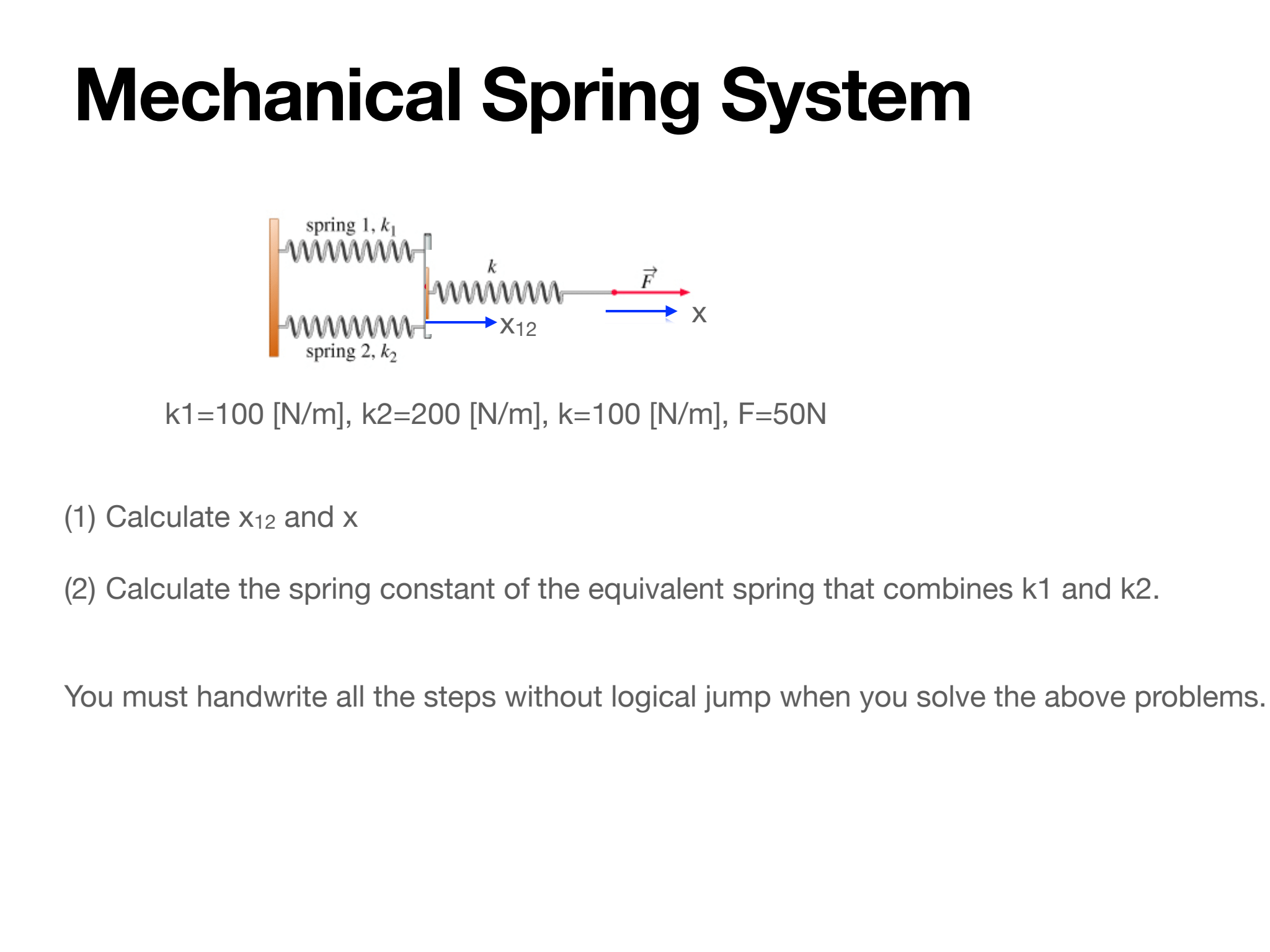 Solved Mechanical Spring System k1=100[ N/m],k2=200[ | Chegg.com