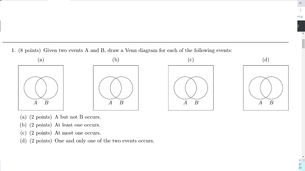 Solved (8 points) Given two events A and B, draw a Venn | Chegg.com