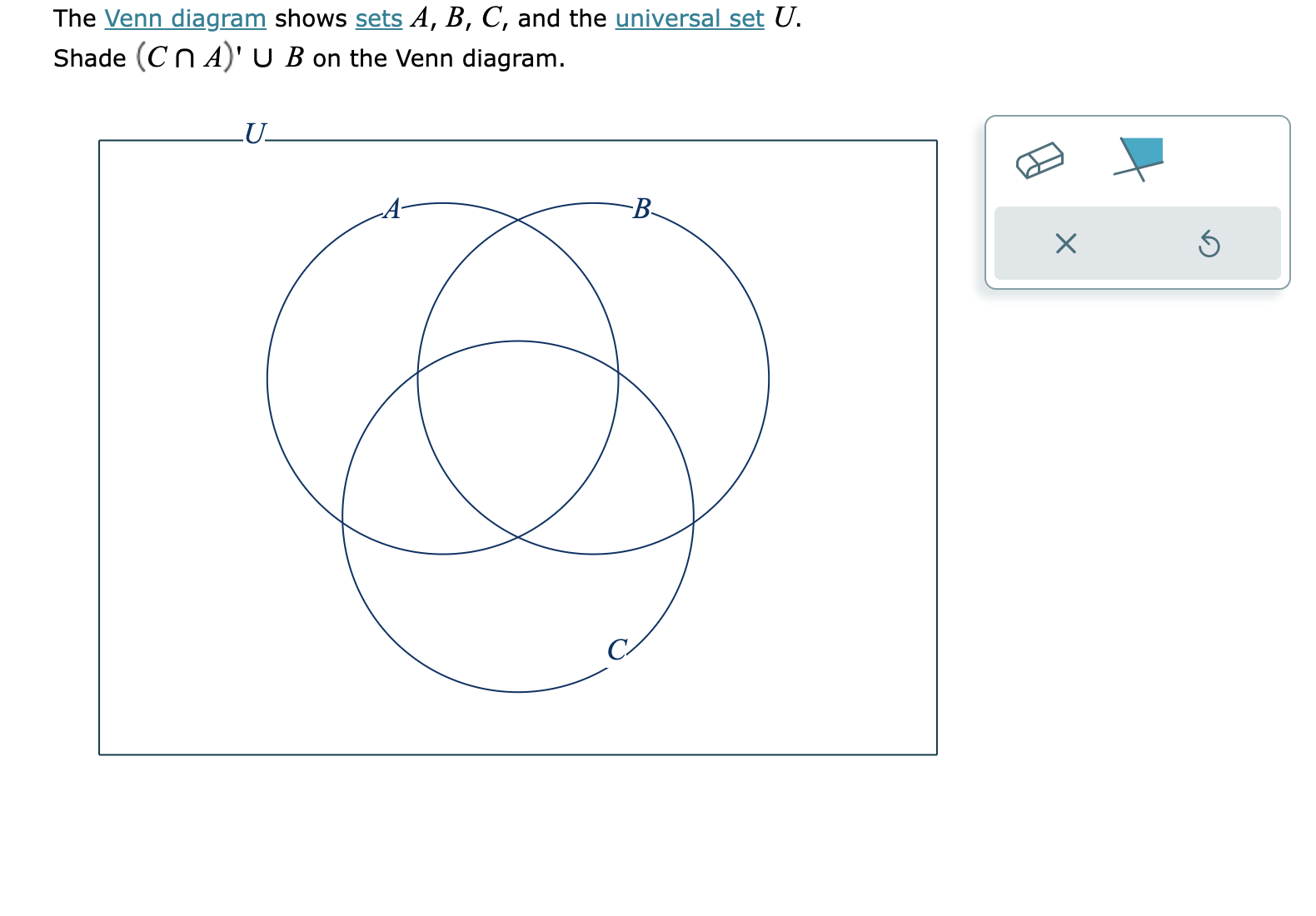 Solved The Venn diagram shows sets A,B,C, and the universal | Chegg.com
