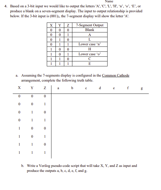 Solved 4. Based on a 3-bit input we would like to output the | Chegg.com