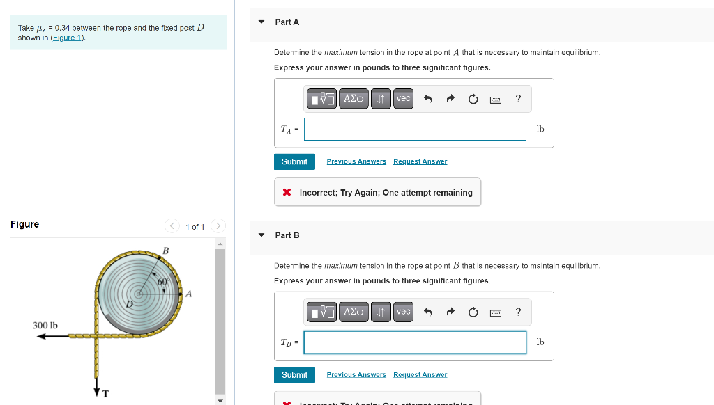 Solved Take μs=0.34 between the rope and the fixed post D | Chegg.com