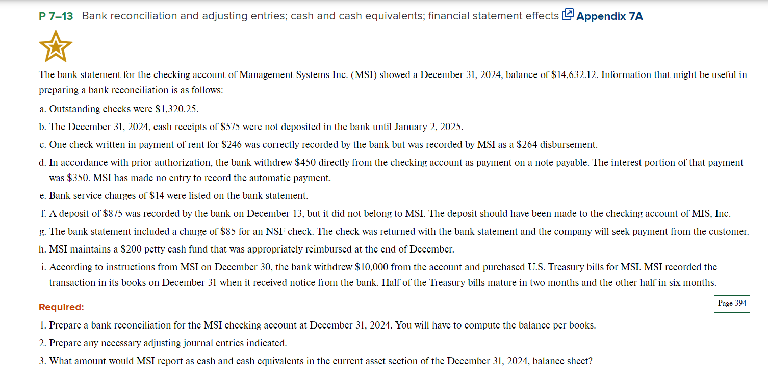 Solved P 7-13 Bank reconciliation and adjusting entries; | Chegg.com