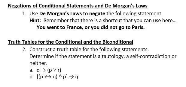 Solved Negations of Conditional Statements and De Morgan's | Chegg.com