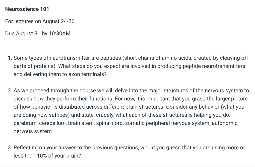 Solved Neuroscience 101 For lectures on August 24-26 Due | Chegg.com