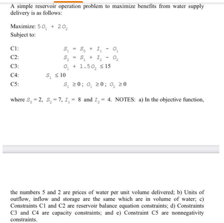 Solved A simple reservoir operation problem to maximize | Chegg.com