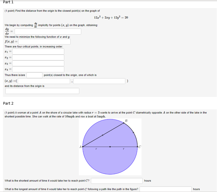 Solved Part 1 (1 point) Find the distance from the origin to | Chegg.com