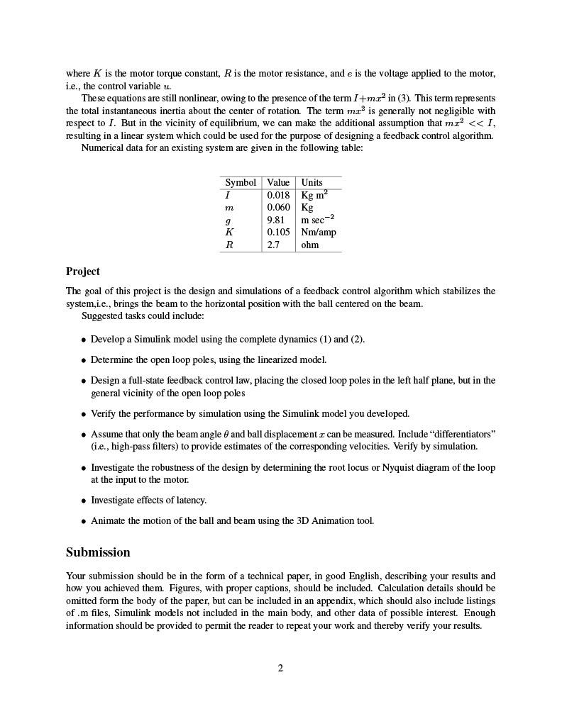 Ball on Beam (BOB) Project Description of System The | Chegg.com