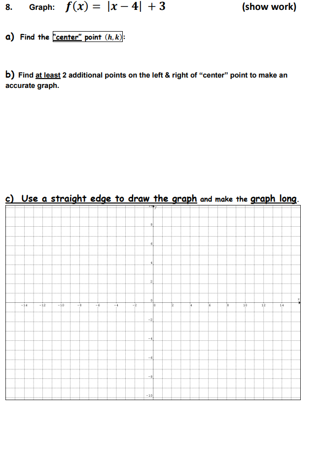 Solved 8. Graph: f(x)=∣x−4∣+3 (show work) a) Find the | Chegg.com