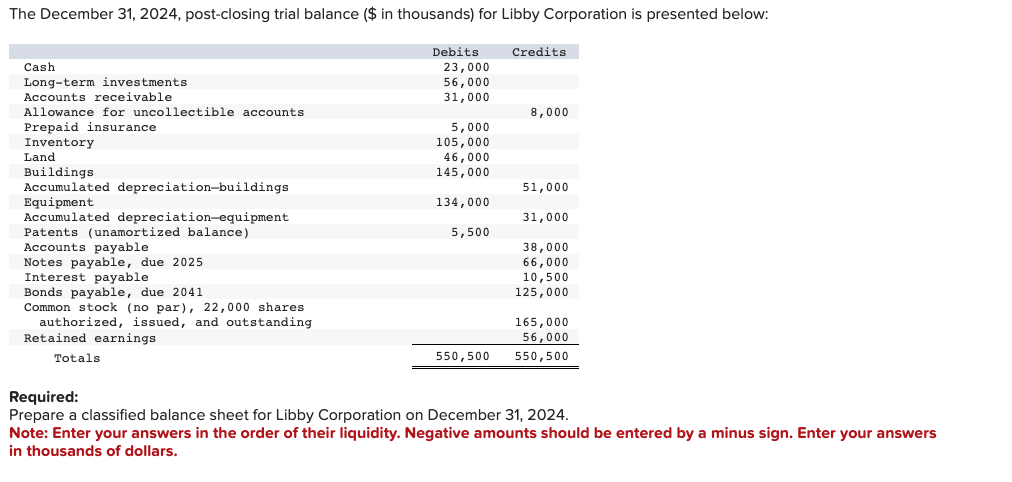 Solved Required: Prepare a classified balance sheet for | Chegg.com