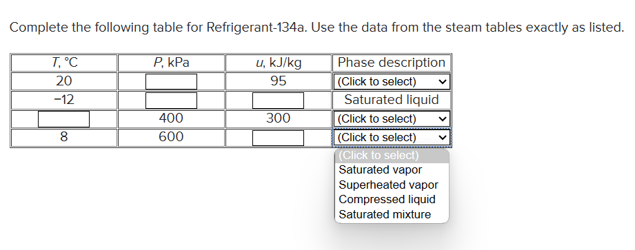 Solved Complete the following table for Refrigerant-134a. | Chegg.com