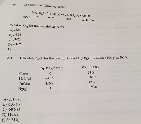 Solved 20) Consider the following reaction S2Cl2(g) +2 | Chegg.com