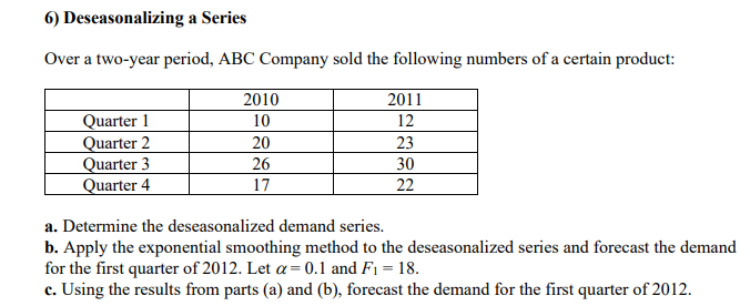 Solved Deseasonalizing a SeriesOver a two-year period, ABC | Chegg.com