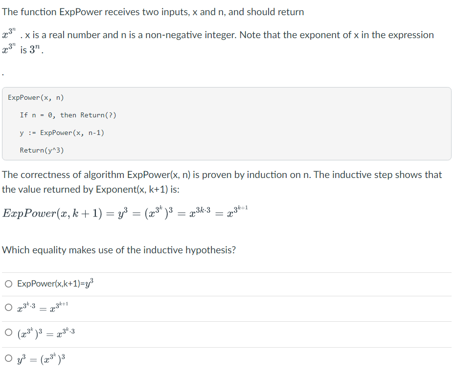 Solved The function ExpPower receives two inputs, x and n, | Chegg.com