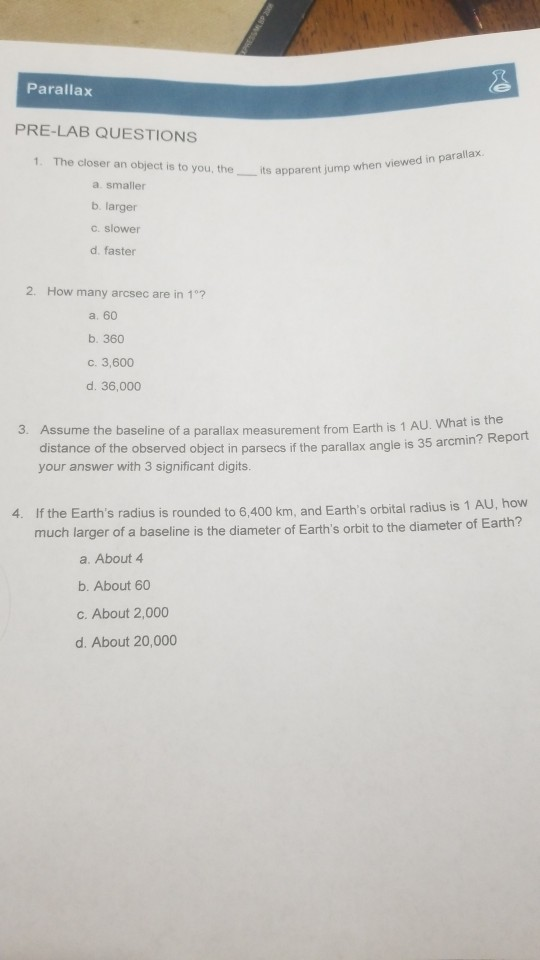 Solved Parallax PRE-LAB QUESTIONS 1. The closer an object is | Chegg.com