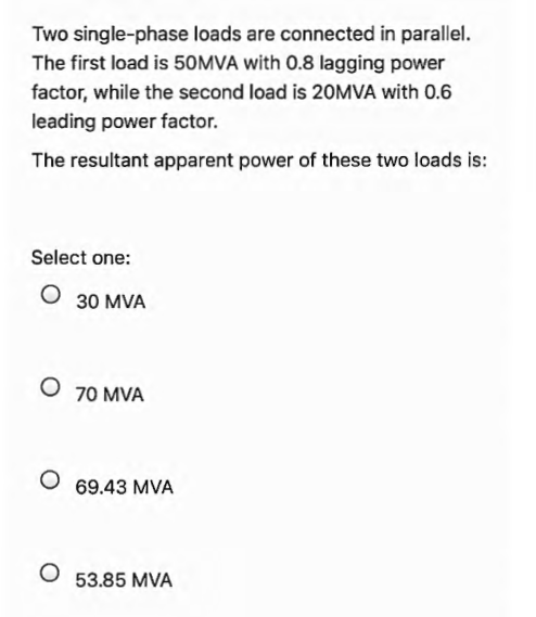 Solved Two single-phase loads are connected in parallel. The | Chegg.com