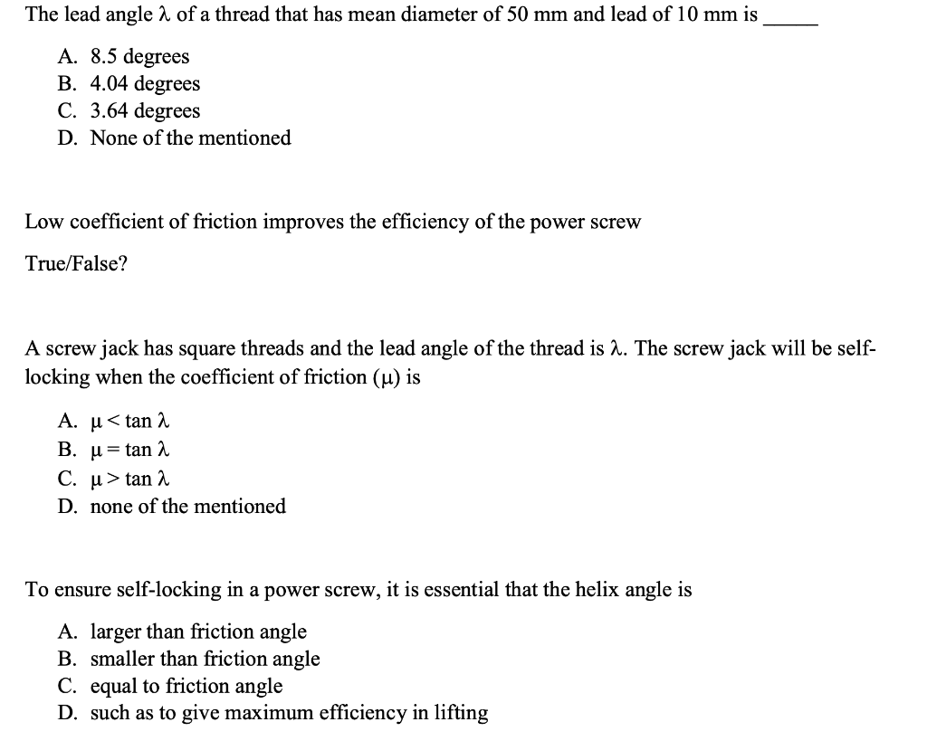 Solved The lead angle à of a thread that has mean diameter | Chegg.com