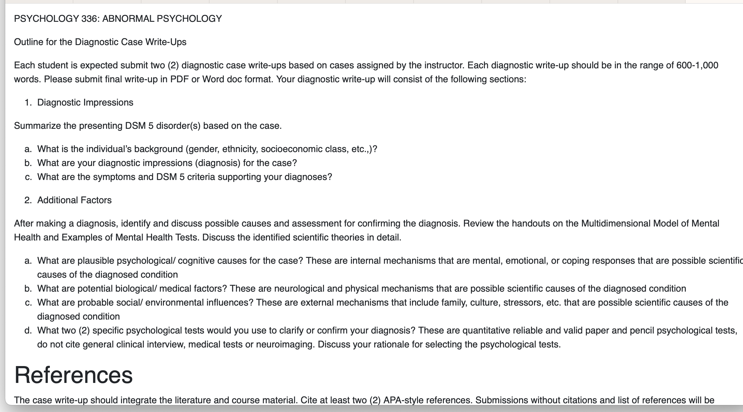 Solved PSYCHOLOGY 336: ABNORMAL PSYCHOLOGY Outline for the | Chegg.com