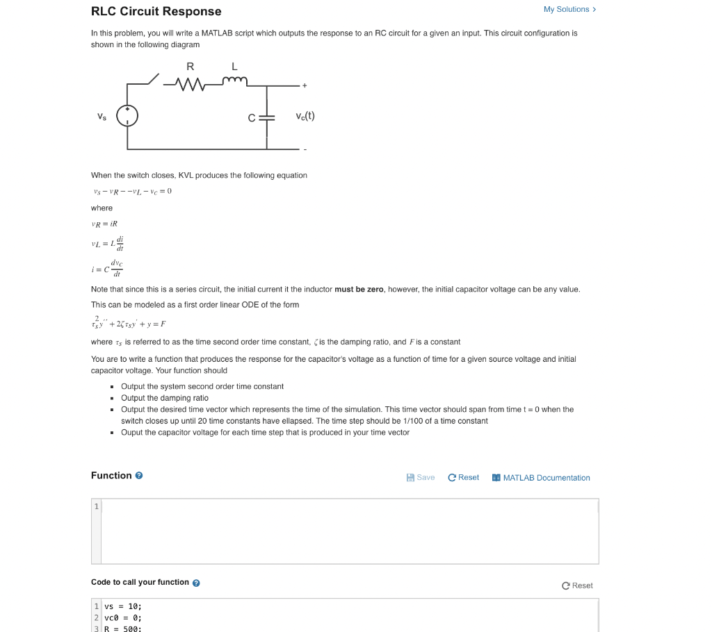 please help with RC and RLC circuit using matlab | Chegg.com