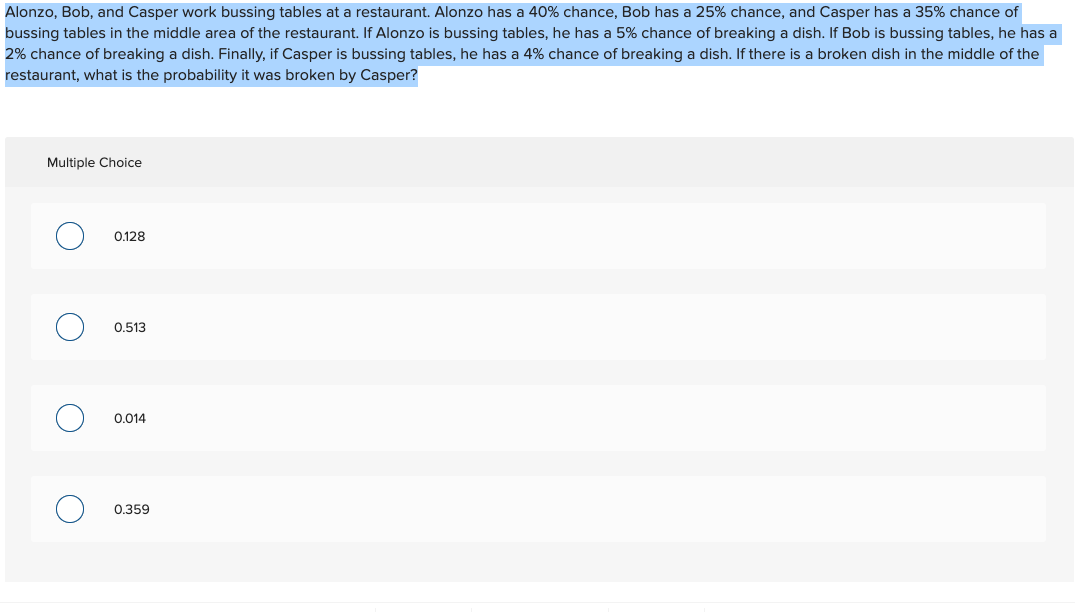 Solved Alonzo, Bob, and Casper work bussing tables at a | Chegg.com
