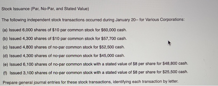 Solved Stock Issuance (Par, No-Par, and Stated Value) The | Chegg.com