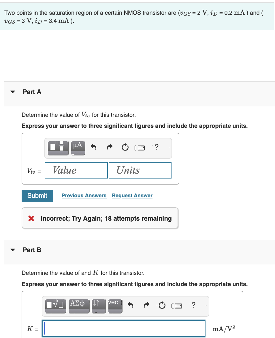 Solved Two points in the saturation region of a certain NMOS | Chegg.com