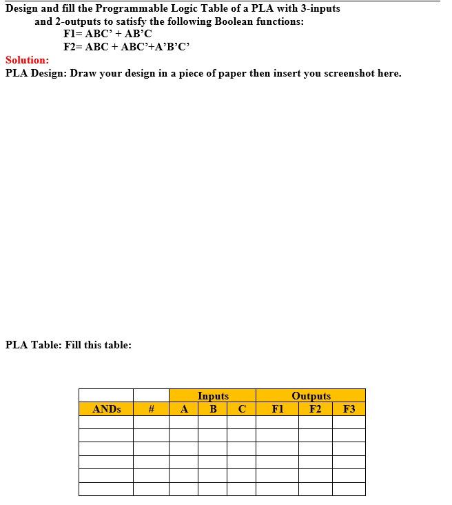 Solved Design and fill the Programmable Logic Table of a PLA | Chegg.com