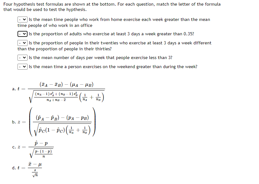 Solved Four hypothesis test formulas are shown at the | Chegg.com