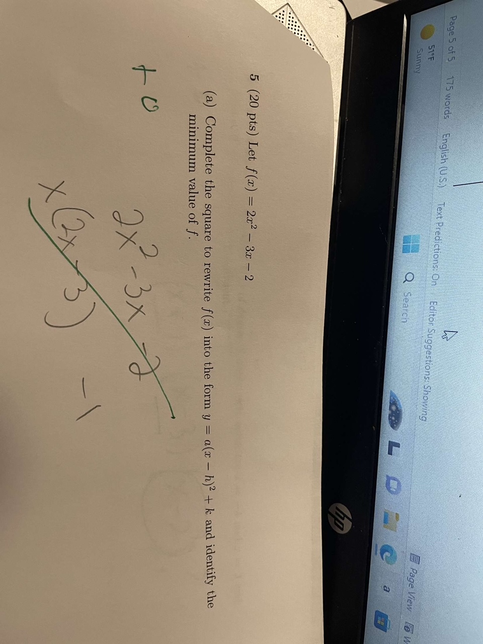 Solved 5 (20 pts) Let f(x)=2x2−3x−2 (a) Complete the square | Chegg.com