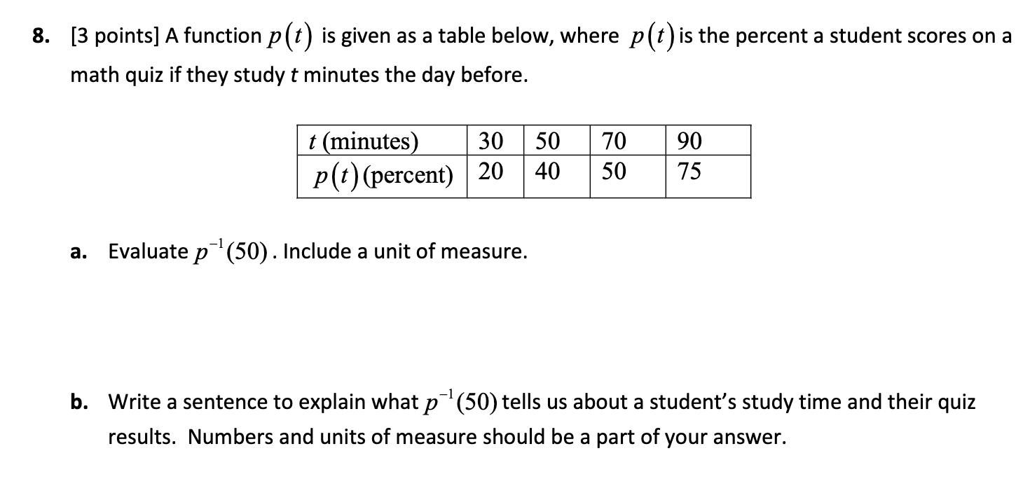 Solved 8. [3 points] A function p(t) is given as a table | Chegg.com