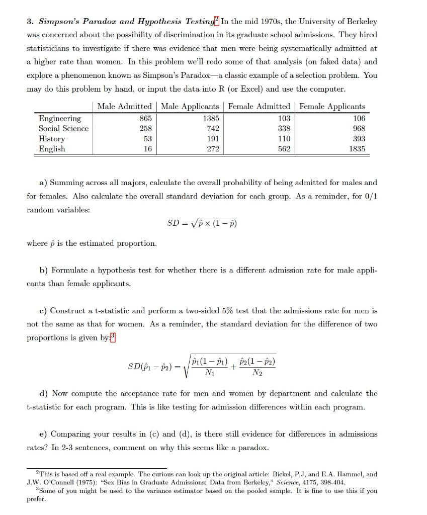 Solved 3. Simpson's Paradox and Hypothesis Testing. In the | Chegg.com