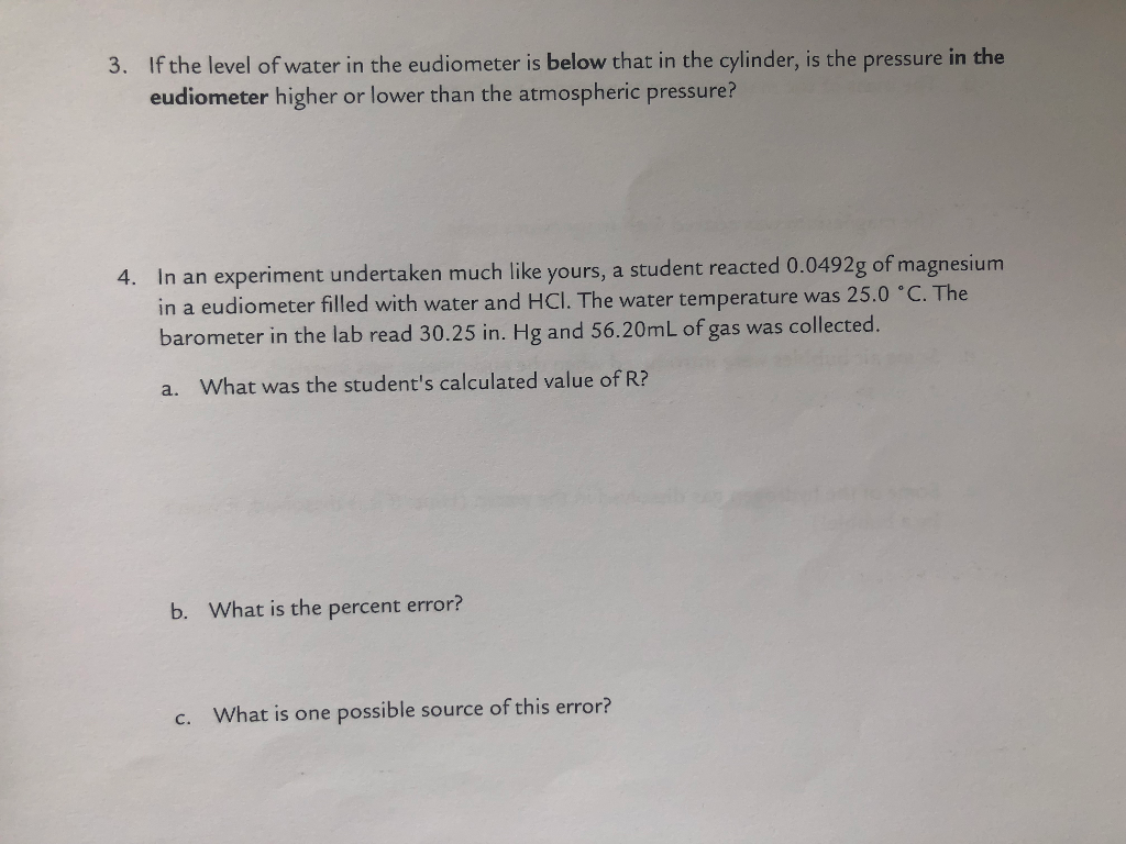Solved 3. If the level of water in the eudiometer is below | Chegg.com