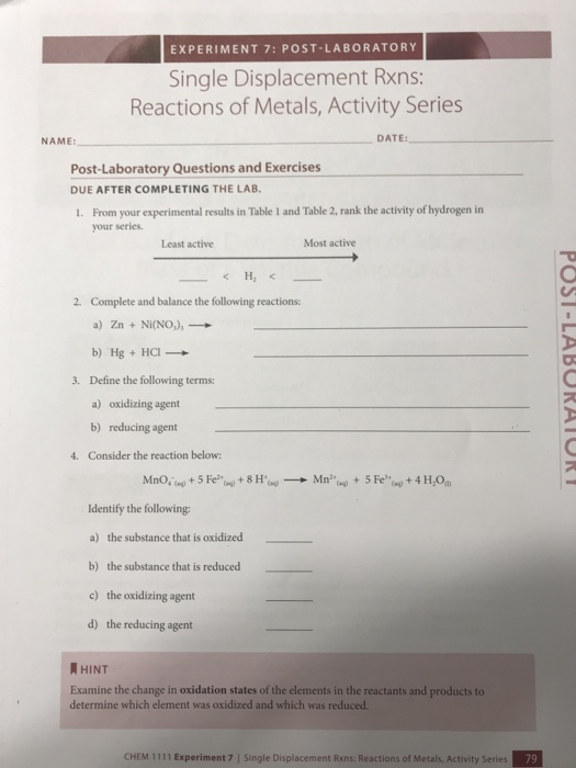 Solved EXPERIMENT 7: POST-LABORATORY Single Displacement | Chegg.com