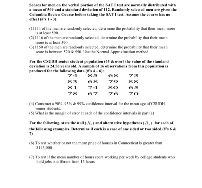 Solved Scores for men on the verbal portion of the SAT I | Chegg.com