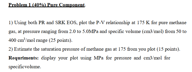 Solved Problem 1 (40%) Pure Component. 1) Using both PR and | Chegg.com