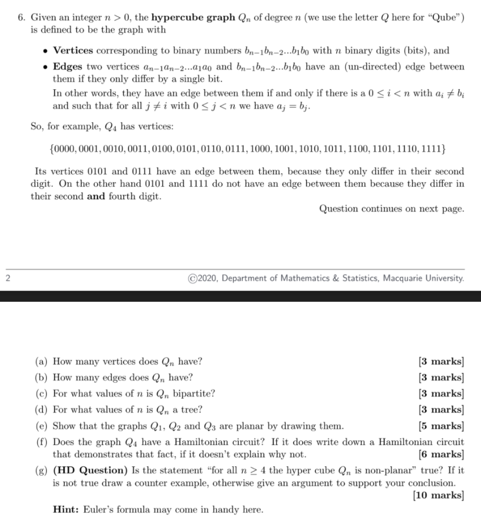 Solved 6. Given an integer n > 0, the hypercube graph Qn of | Chegg.com