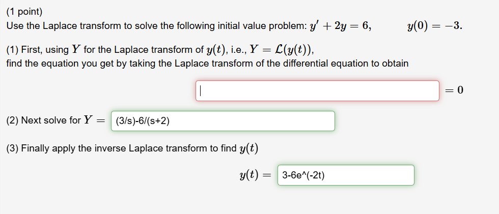 Solved (1 ﻿point)Use the Laplace transform to ﻿solve the | Chegg.com