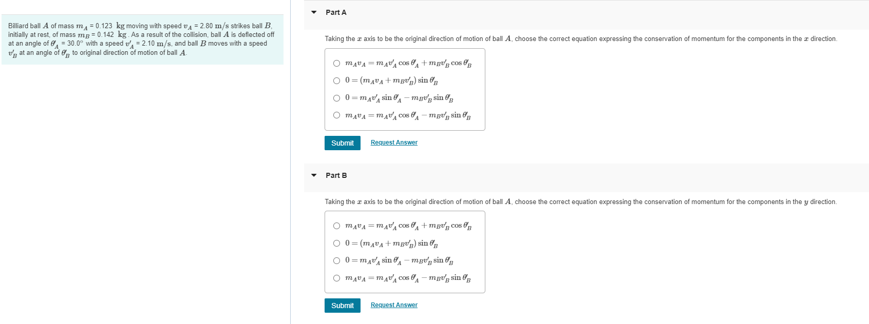 Solved Billiard ball A of mass mA=0.123 kg moving with speed | Chegg.com