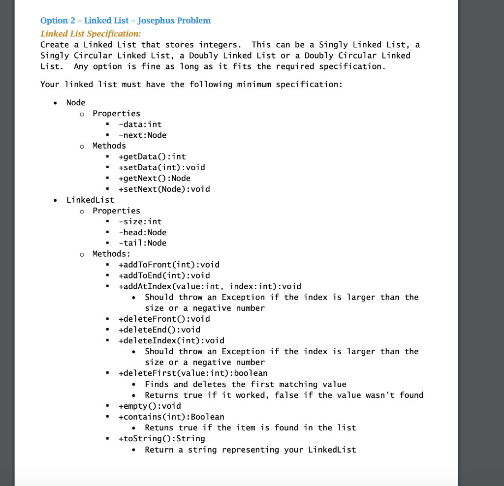 Option 2- Linked List - Josephus Problem Linked List | Chegg.com