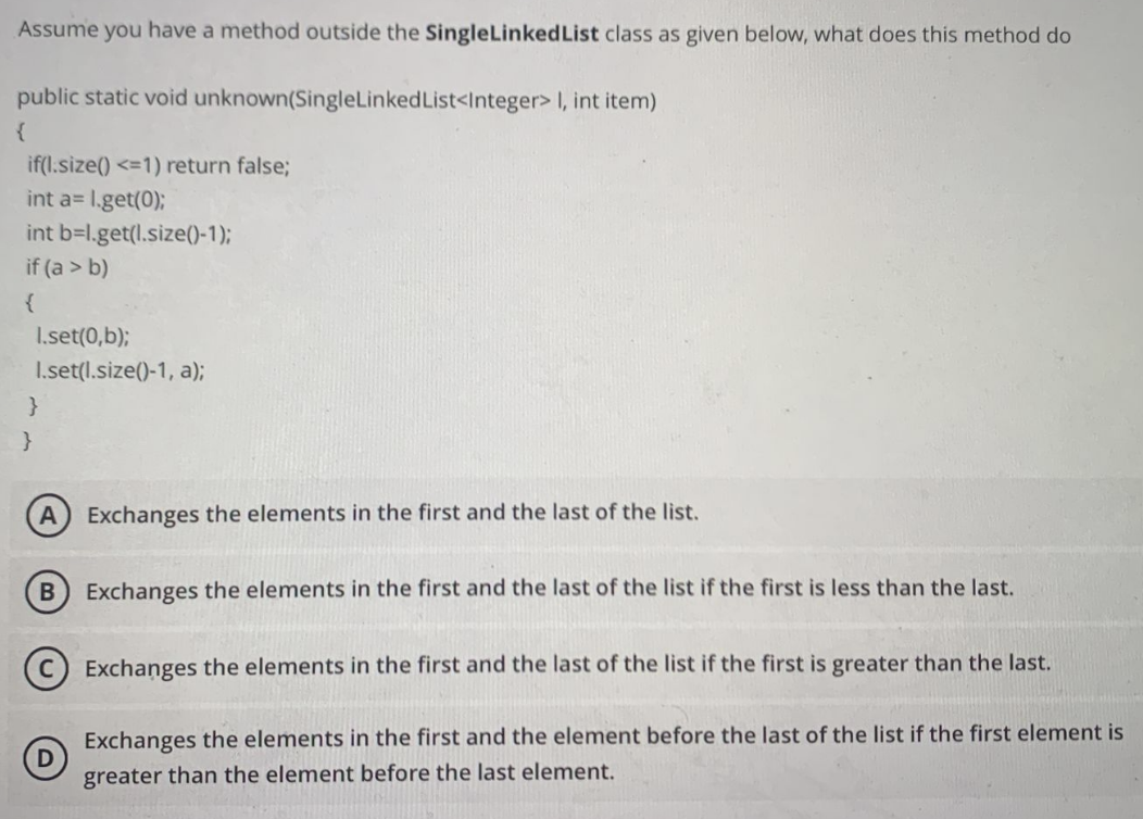 Solved Assume you have a method outside the SingleLinkedList | Chegg.com