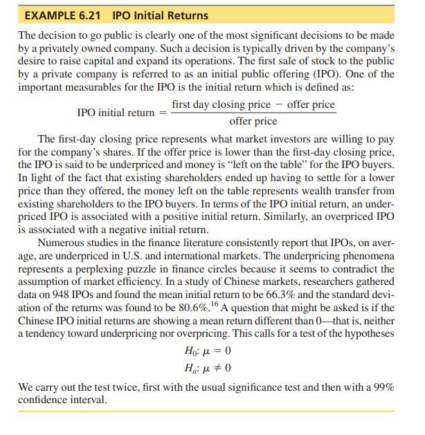 Solved EXAMPLE 6.21 IPO Initial Returns The decision to go | Chegg.com